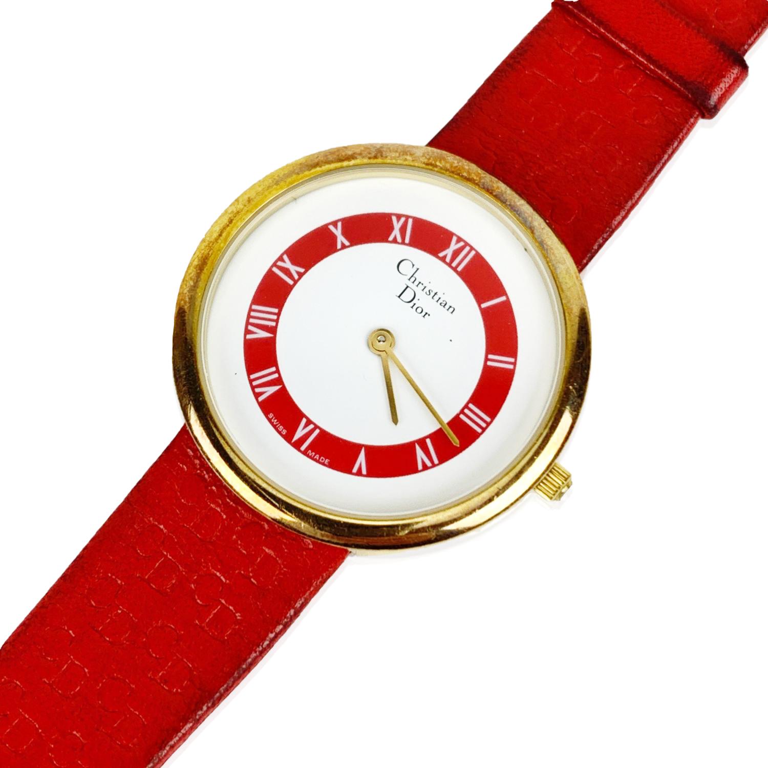 Christian Dior Vintage 3058 Round Wrist Watch Red Leather Strap For ...