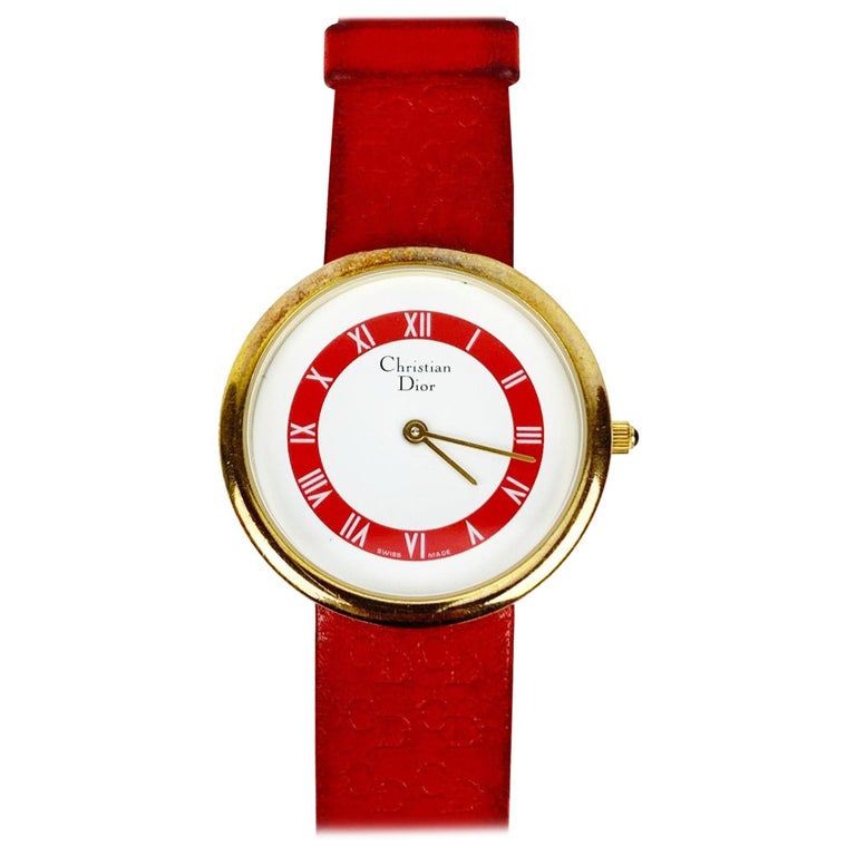 Christian Dior Vintage 3058 Round Wrist Watch Red Leather Strap For ...