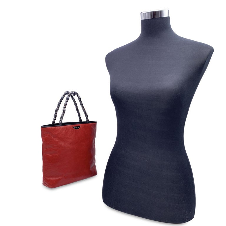 Christian Dior Vintage Brick Red Leather Small Tote Beaded Handles For ...