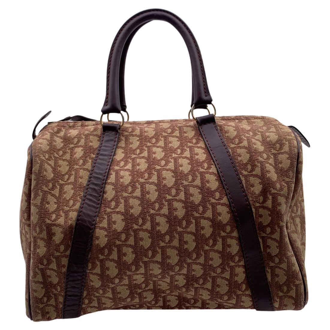 Christian Dior Vintage Brown Logo Tapestry Canvas Boston Bag at 1stDibs