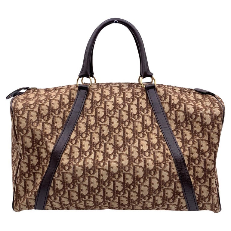 Christian Dior Vintage Brown Logo Tapestry Canvas Boston Bag For Sale ...