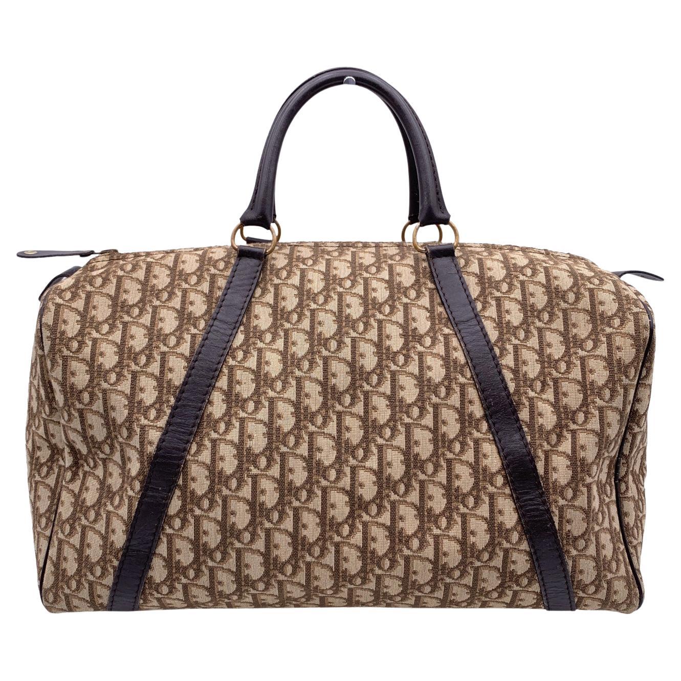 Christian Dior Vintage Brown Logo Tapestry Canvas Boston Bag at 1stDibs
