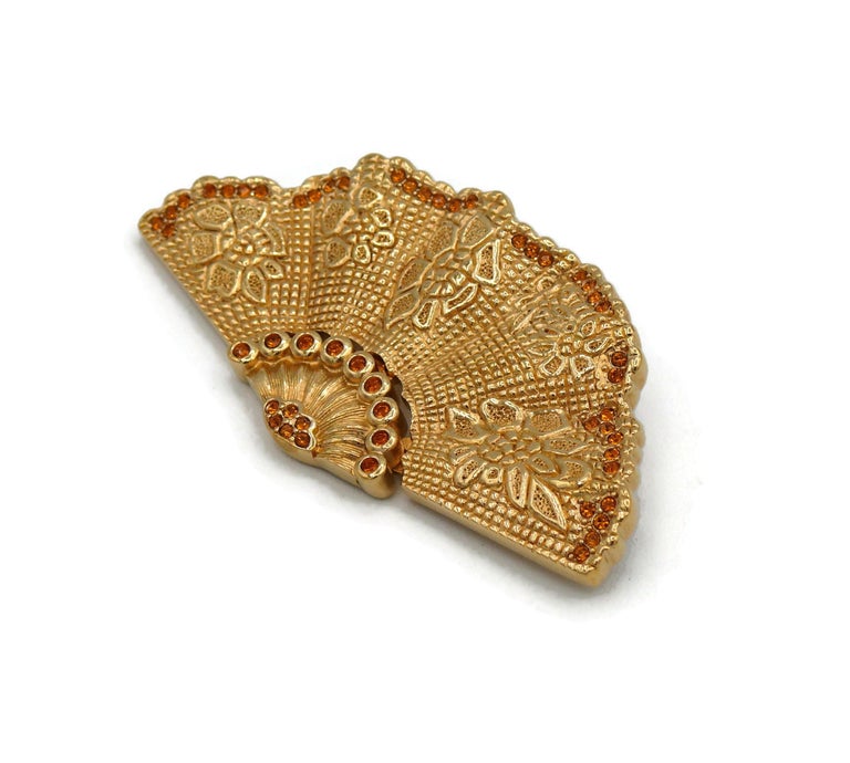 CHRISTIAN DIOR Vintage Gold Tone Jewelled Fan Brooch For Sale at 1stDibs