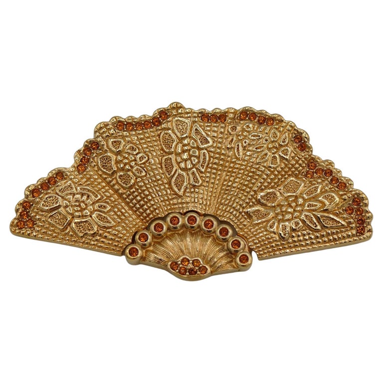 CHRISTIAN DIOR Vintage Gold Tone Jewelled Fan Brooch For Sale at 1stDibs