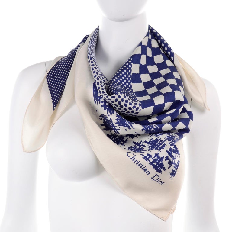 Christian Dior Vintage Indigo Blue and White Patchwork Pattern Silk ...