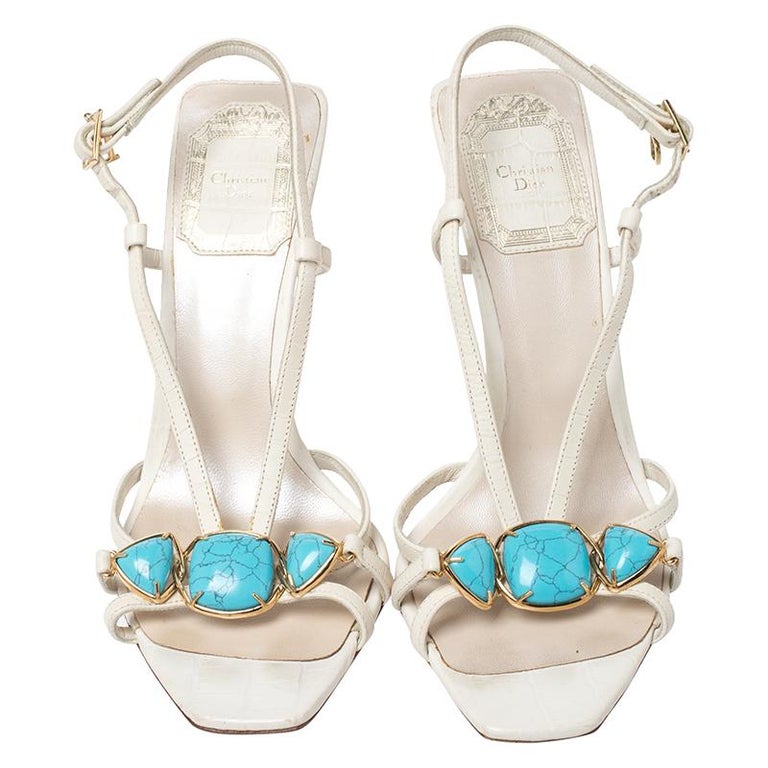 Christian Dior White/Blue Leather Open Toe Piedra Sandals Size 36 at ...