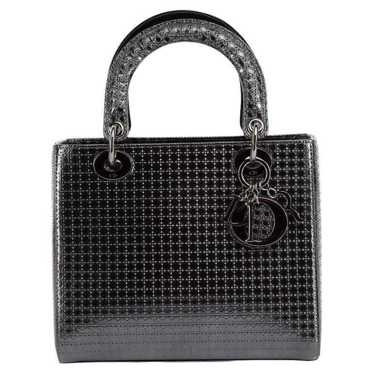 Christian Dior Women's Black Onyx Medium Lady Dior Patent Micro Cannage ...
