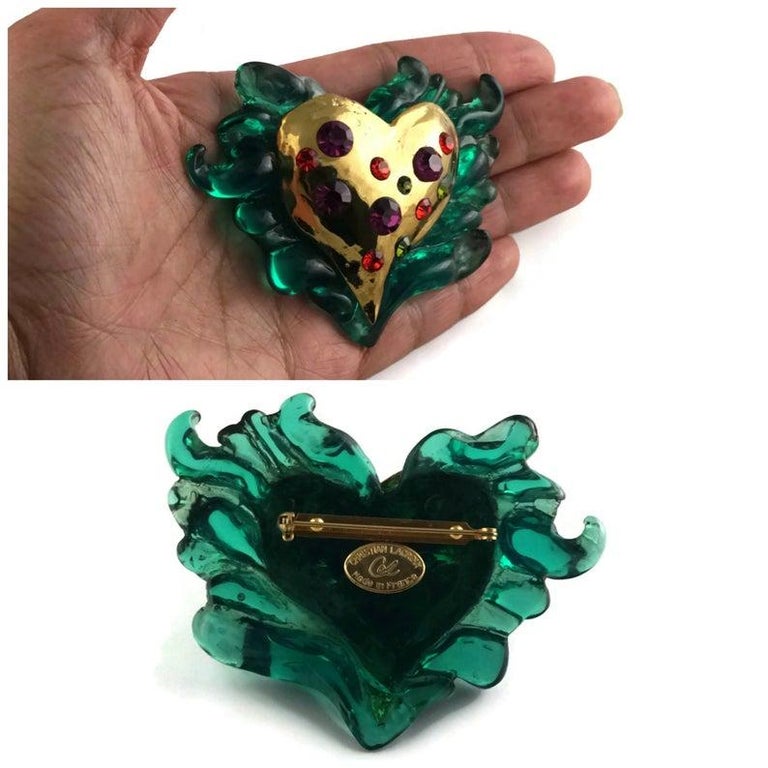 CHRISTIAN LACROIX Heart Fire Studded Rhinestones Green Lucite Resin ...