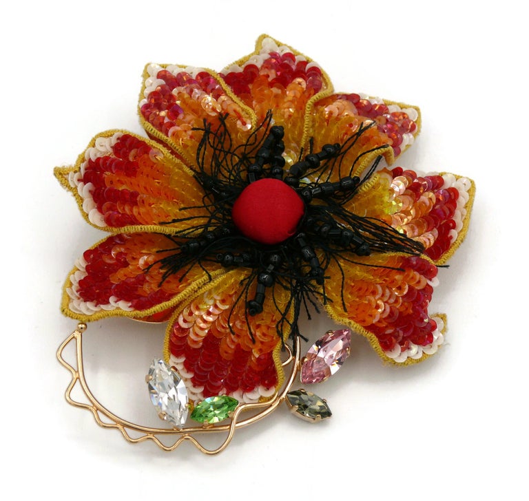 CHRISTIAN LACROIX Vintage Embroidered Flower Brooch For Sale at 1stDibs