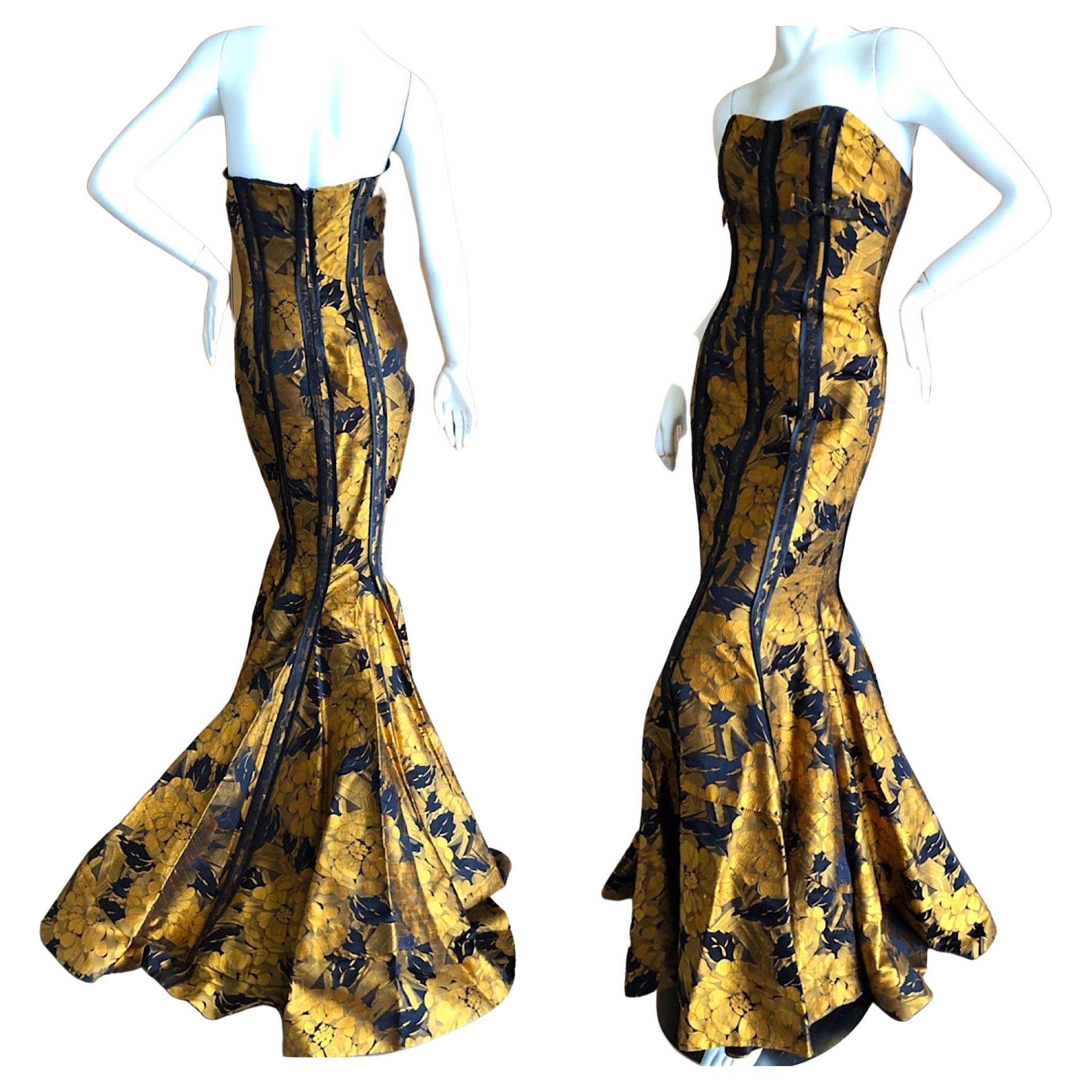 Christian Lacroix Vintage Gold Jacquard Floral Strapless Evening Dress ...