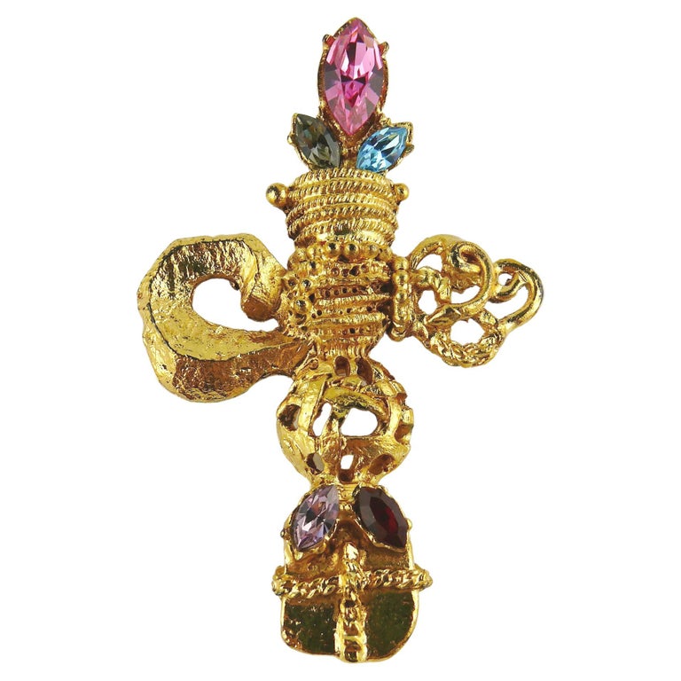 Christian Lacroix Vintage Gold Toned Jewelled Baroque Cross Dangle ...