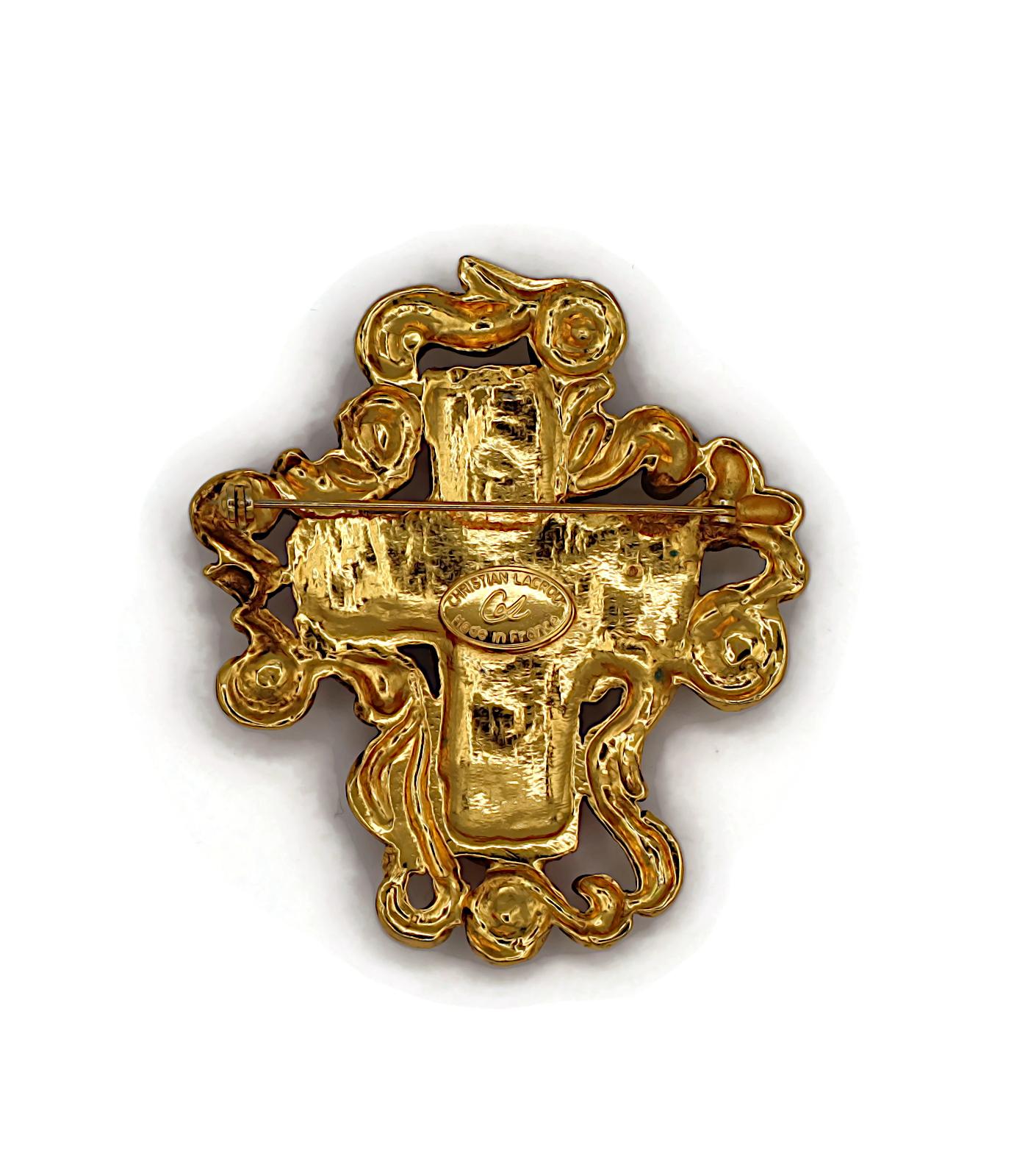 CHRISTIAN LACROIX Vintage Jewelled Gold Tone Baroque Cross Brooch For ...