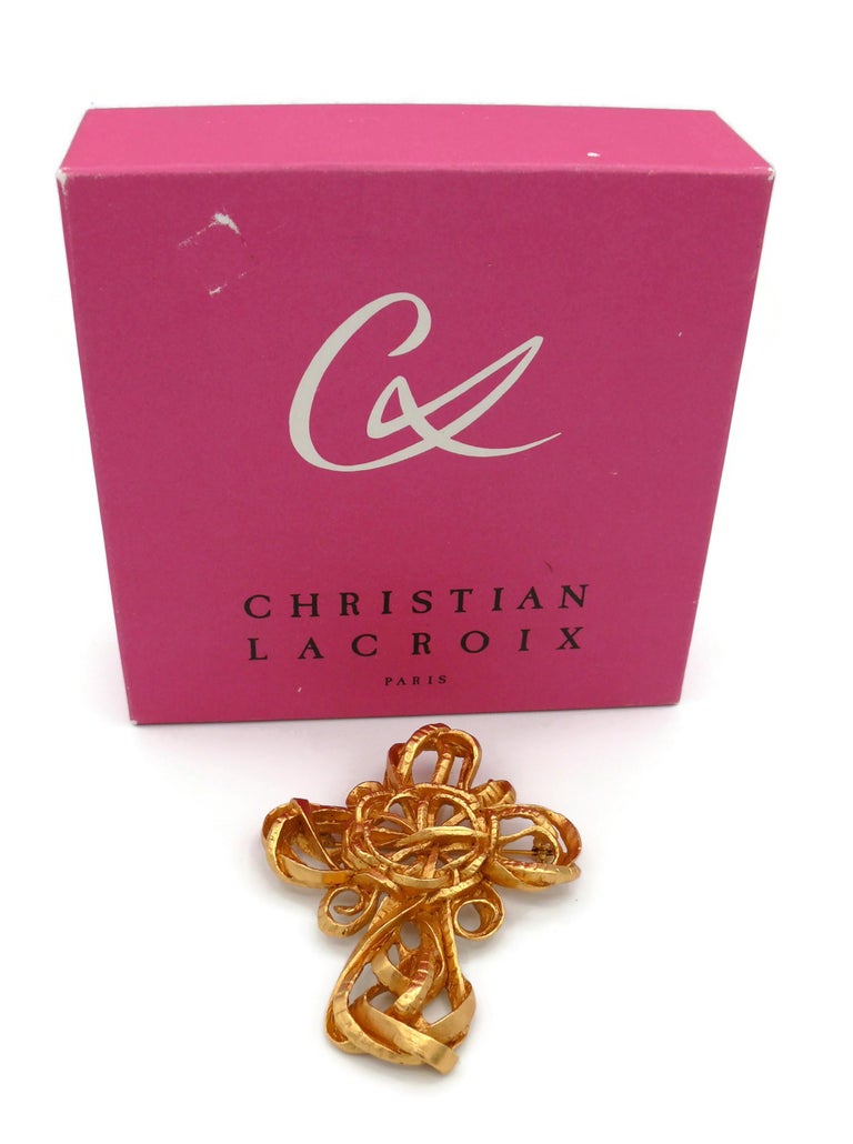 Christian Lacroix Vintage Massive Gold Toned Cross Brooch Pendant For ...