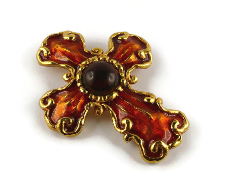 Christian Lacroix Vintage Orange Enamel Glass Cabochon Cross Brooch ...