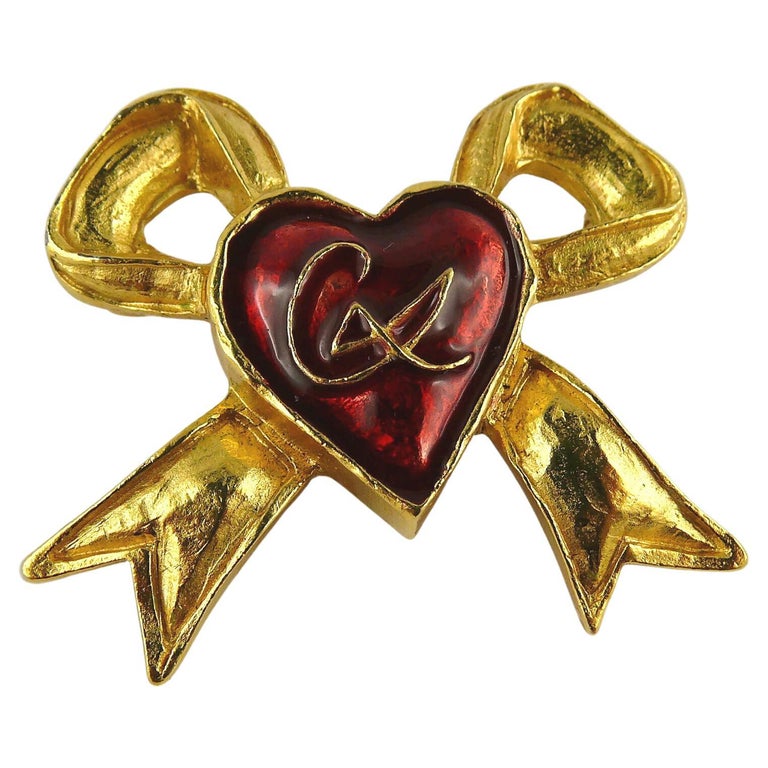 Christian Lacroix Vintage Ribbon Bow Red Enamel Heart Brooch For Sale ...