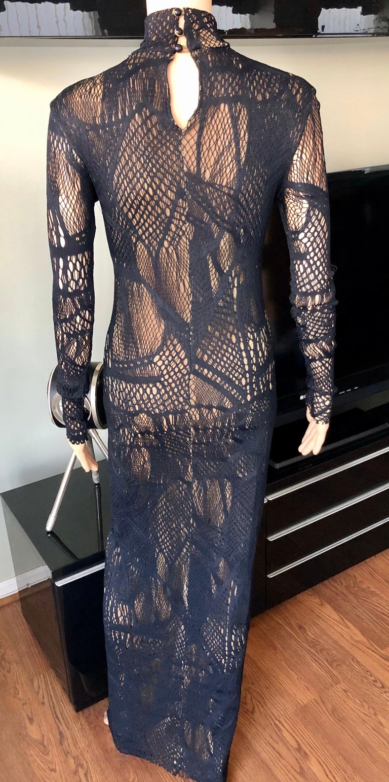 Christian Lacroix Vintage Semi-Sheer Mesh Open Knit Fishnet Black Maxi ...