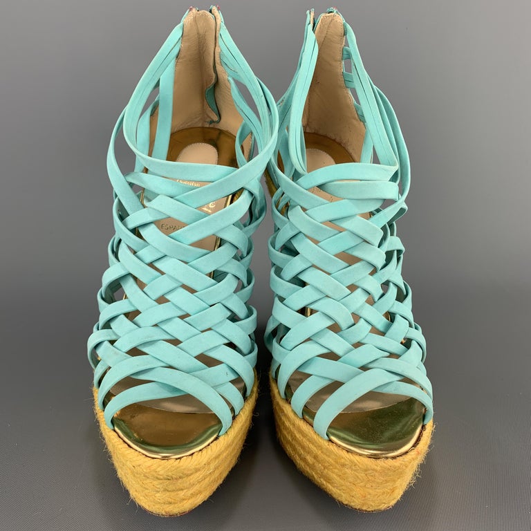 CHRISTIAN LOUBOUTIN 7 Turquoise Suede Woven Yellow Braided Platform ...