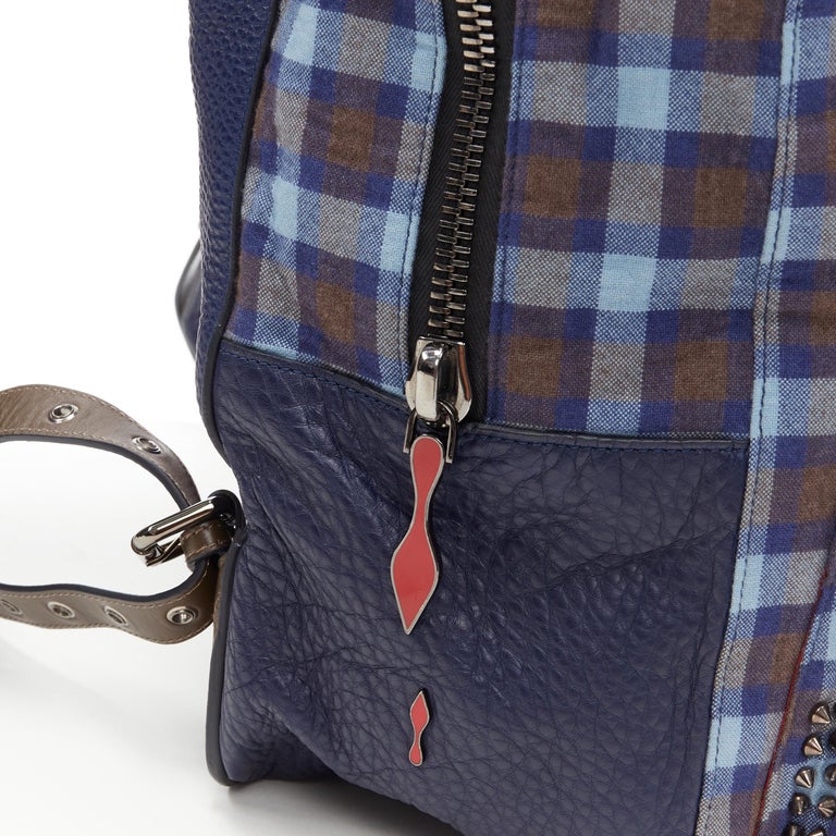 CHRISTIAN LOUBOUTIN Backloubi blue brown gingham check spike stud ...