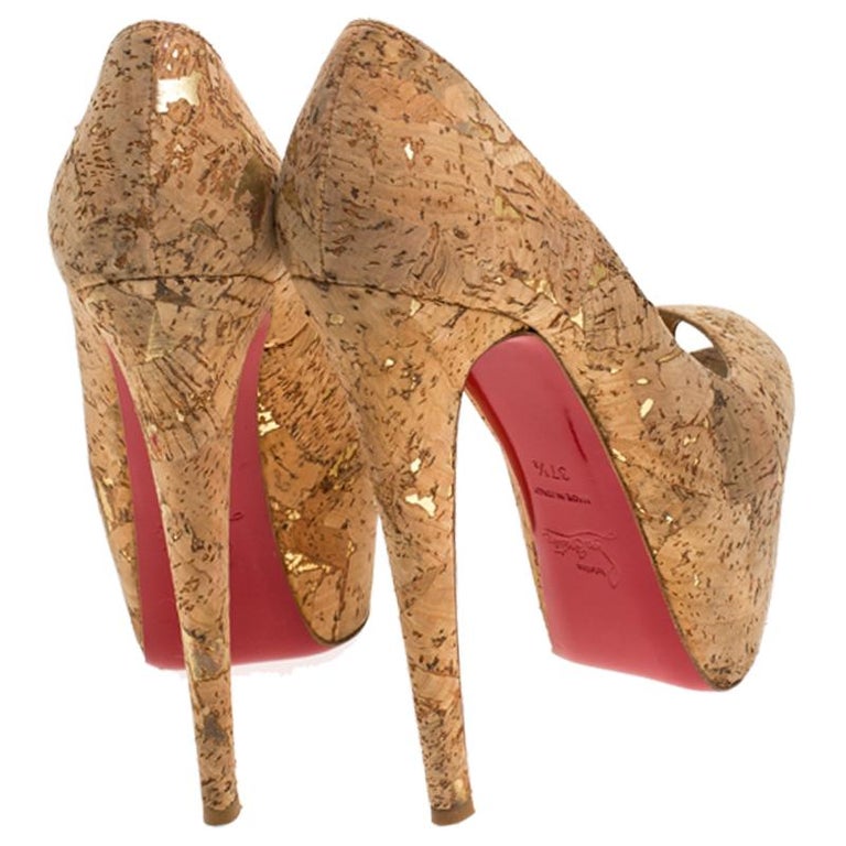 Christian Louboutin Beige Cork Highness Peep Toe Platform Pumps Size 37 ...