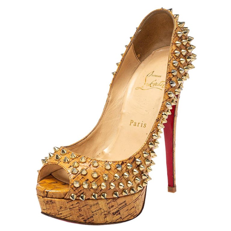 Christian Louboutin Beige Cork Lady Peep Toe Spike Platform Pumps Size ...