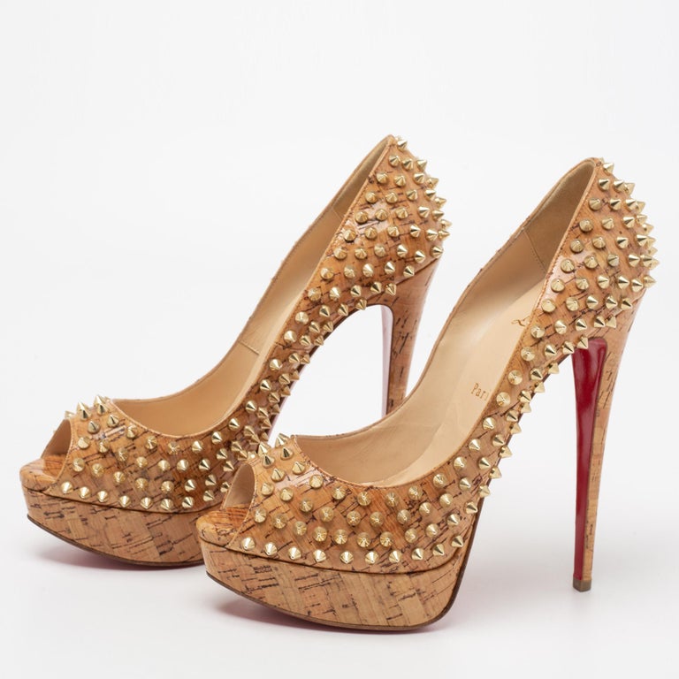 Christian Louboutin Beige Cork Lady Peep Toe Spike Platform Pumps Size ...