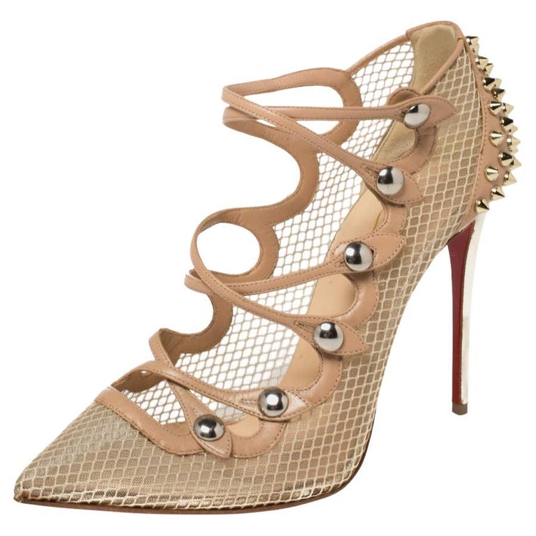 Christian Louboutin Beige Leather and Mesh Spike Strappy Sandals Size ...