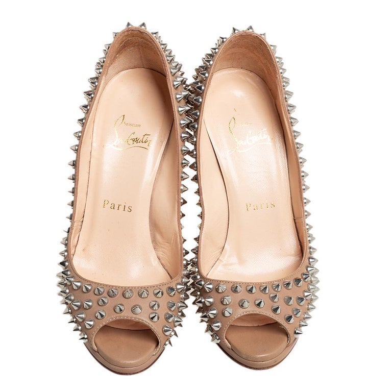 Christian Louboutin Beige Leather Yolanda Spikes Peep Toe Pumps Size 35 ...