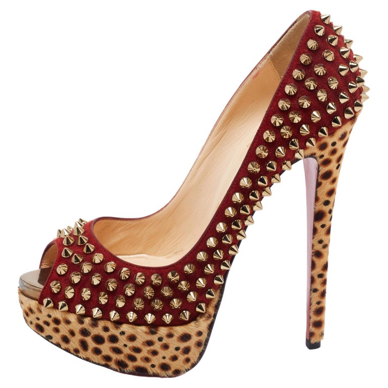 Christian Louboutin Beige/Maroon Leopard Print Lady Peep Spikes Pumps ...