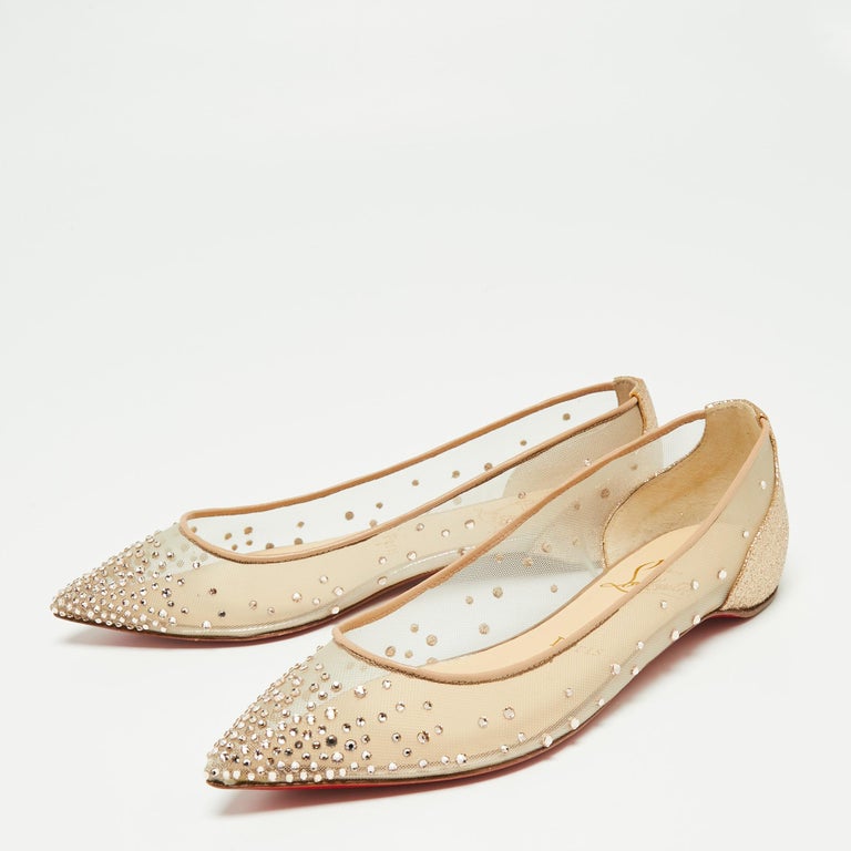 Christian Louboutin Beige Mesh and Leather Body Strass Ballet Flats ...