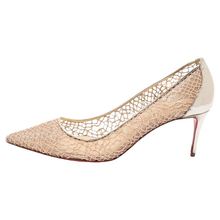 Christian Louboutin Beige/Metallic Mesh Leather Pointed Toe Pumps Size ...