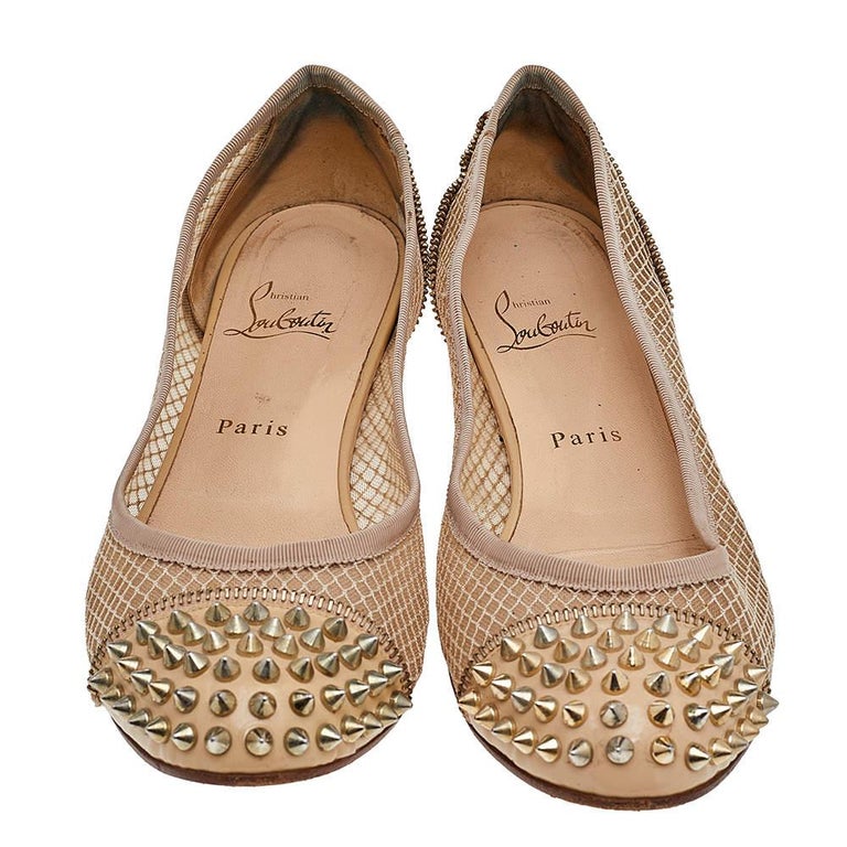 Christian Louboutin Beige Patent Leather and Mesh Spike Ballet Flats ...