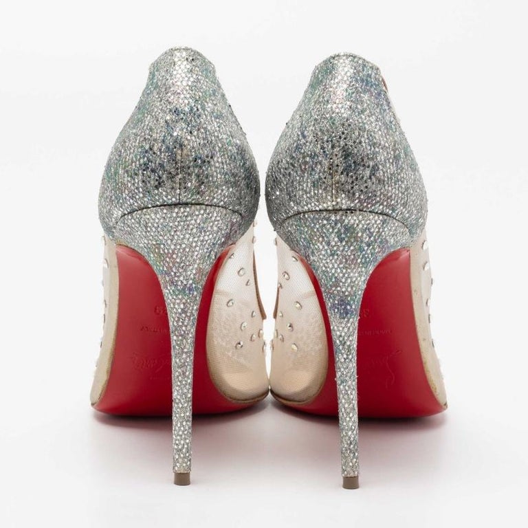 Christian Louboutin Beige/Silver Coarse Glitter Mesh Crystal Strass ...