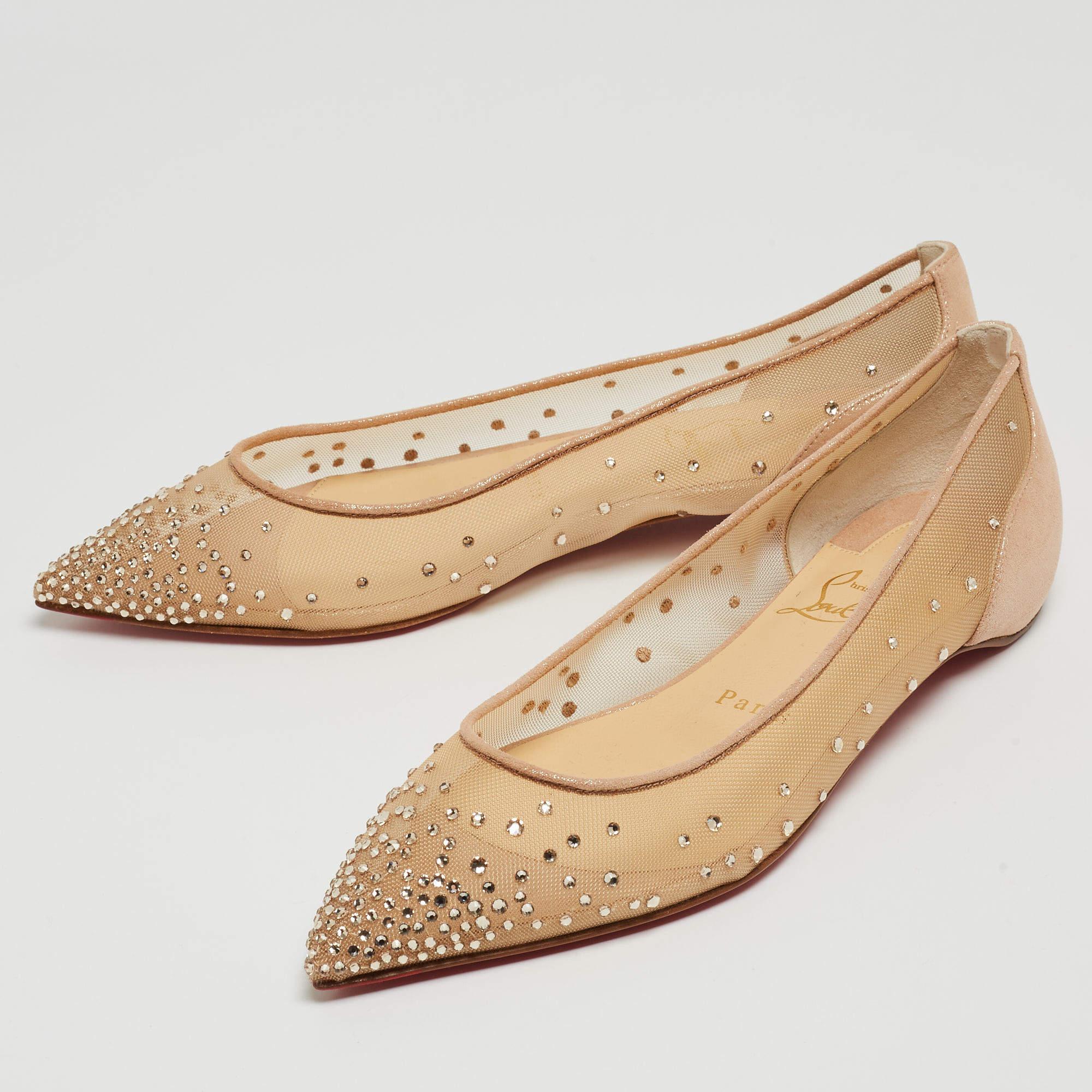 Christian Louboutin Beige Suede and Mesh Follies Strass Ballet Flats ...