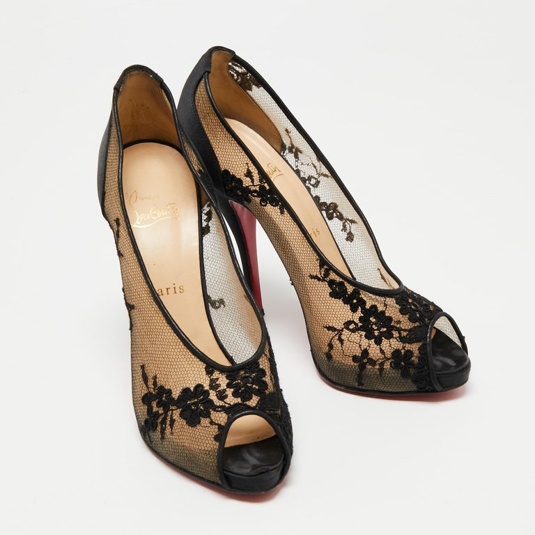 Christian Louboutin Black Lace and Satin Fetilo Peep-Toe Pumps Size 38 ...