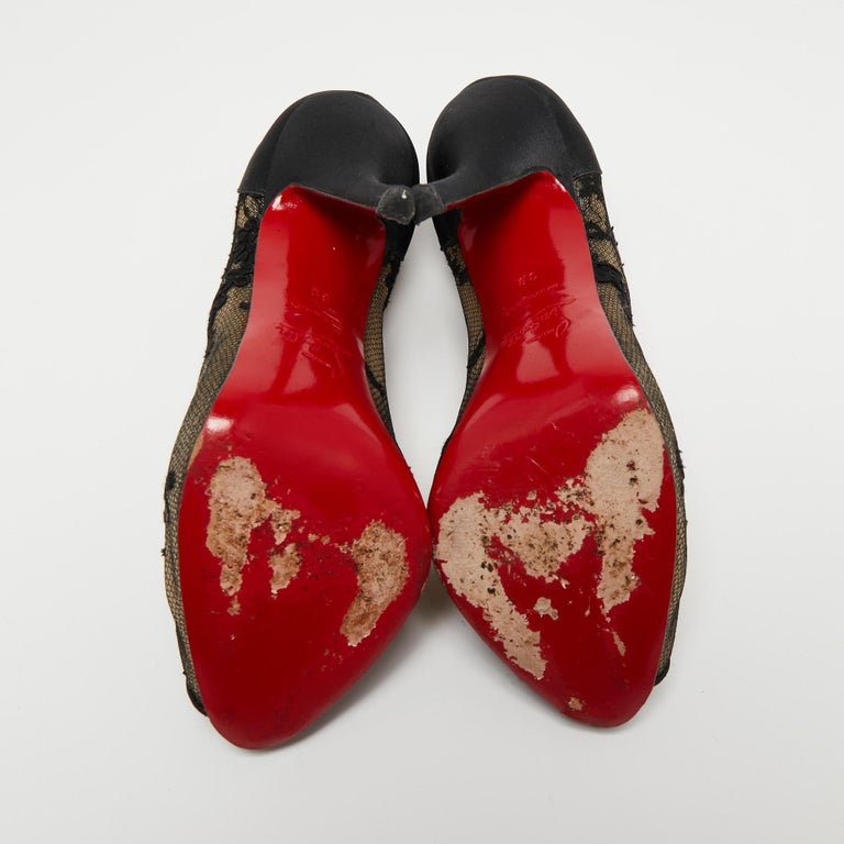 Christian Louboutin Black Lace and Satin Fetilo Peep-Toe Pumps Size 38 ...