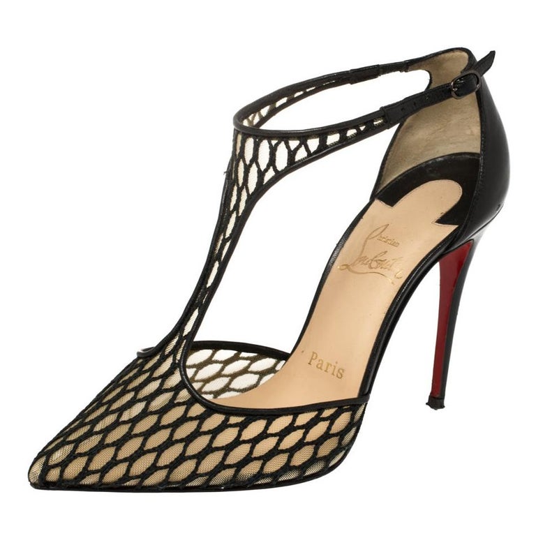 Christian Louboutin Black Lace Salonu Pointed Toe T Strap Sandals Size ...