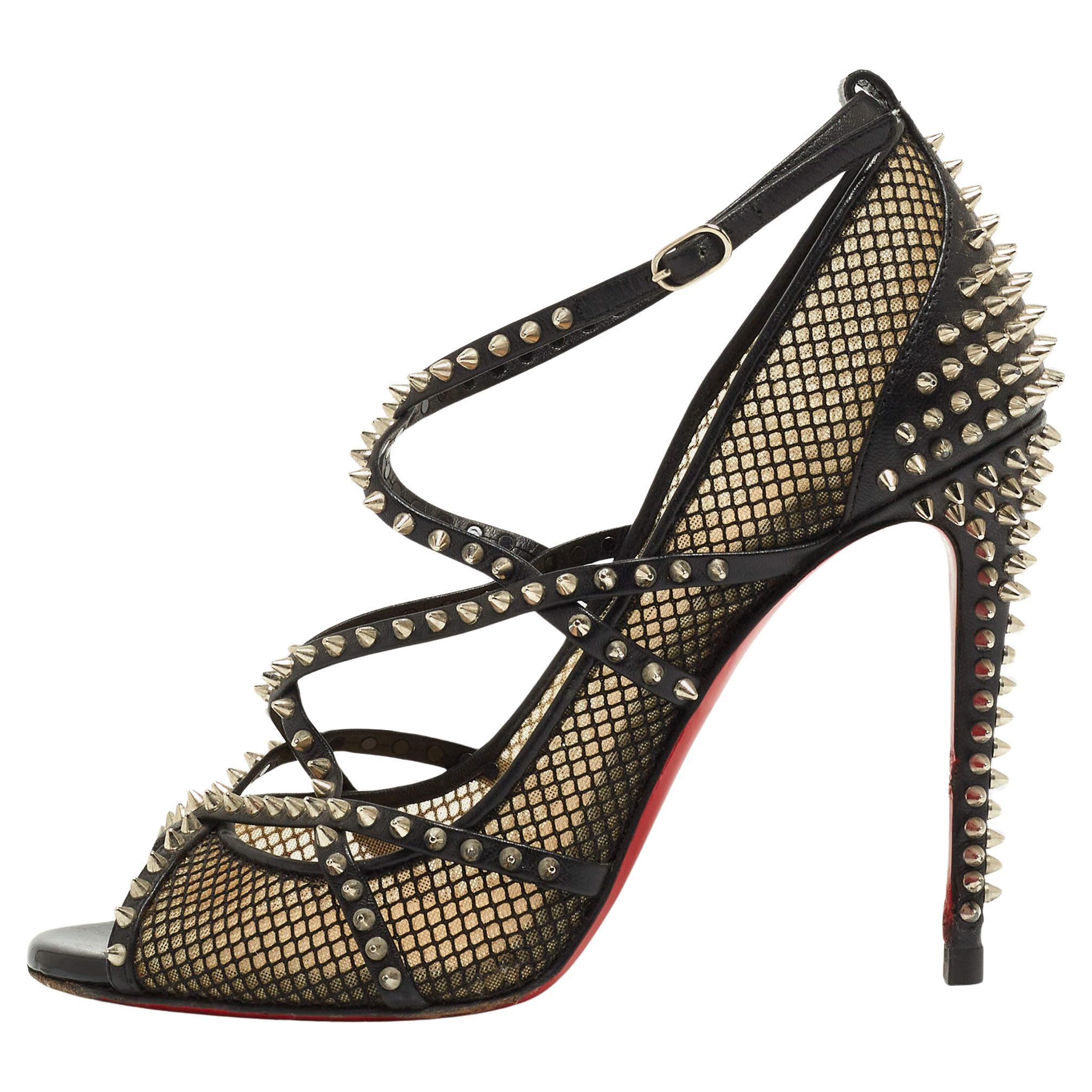 Christian Louboutin Black Leather and Mesh Spike Pumps Size 37 For Sale ...