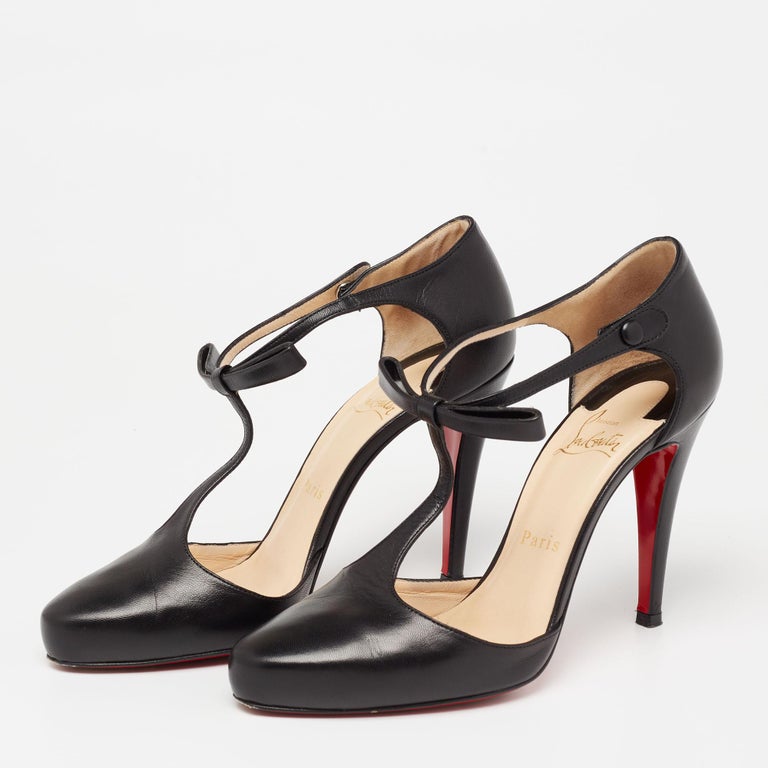 Christian Louboutin Black Leather Bow Detail T- Strap Pumps Size 38.5 ...