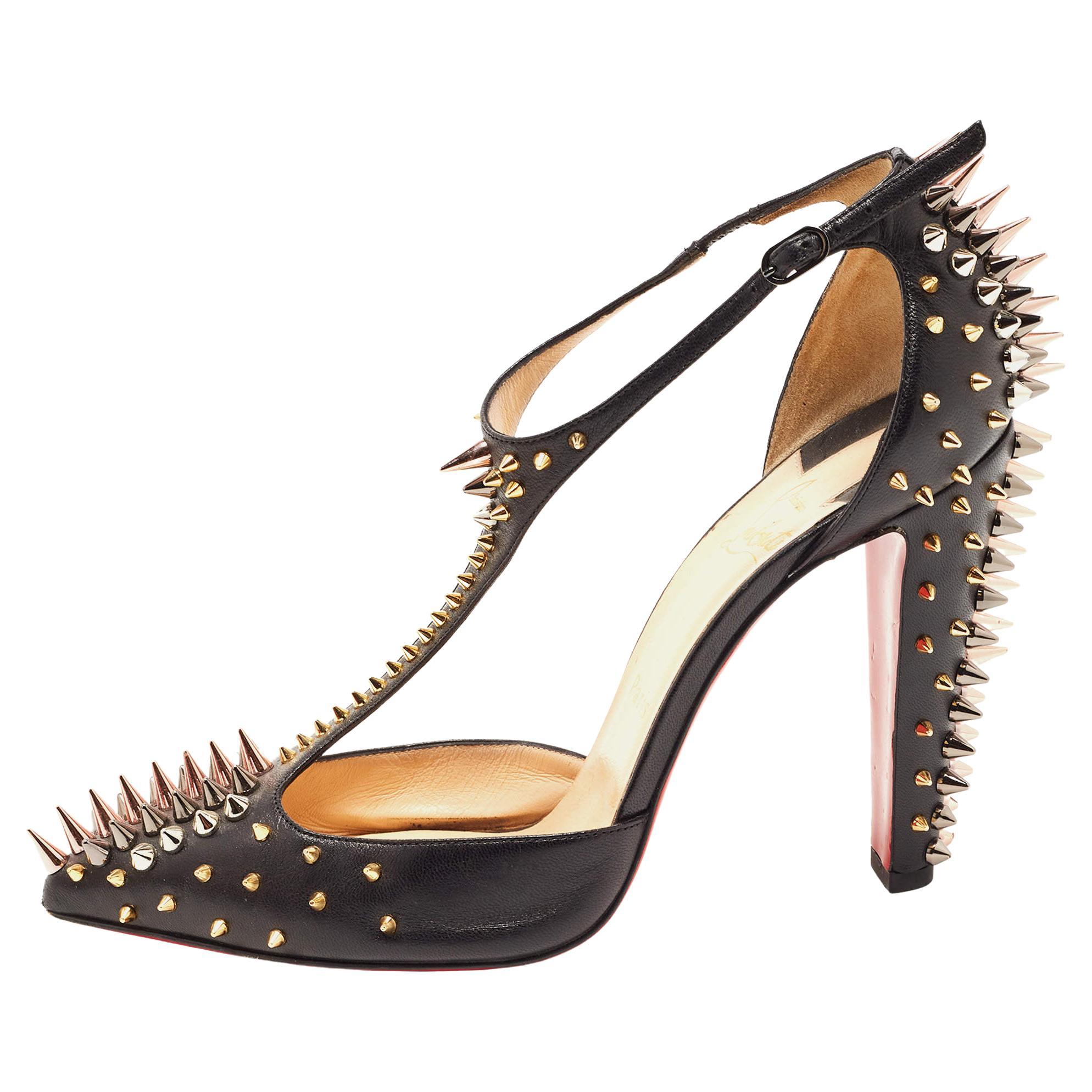 Christian Louboutin Black Leather Goldostrap T-Strap Pumps Size 39 For ...