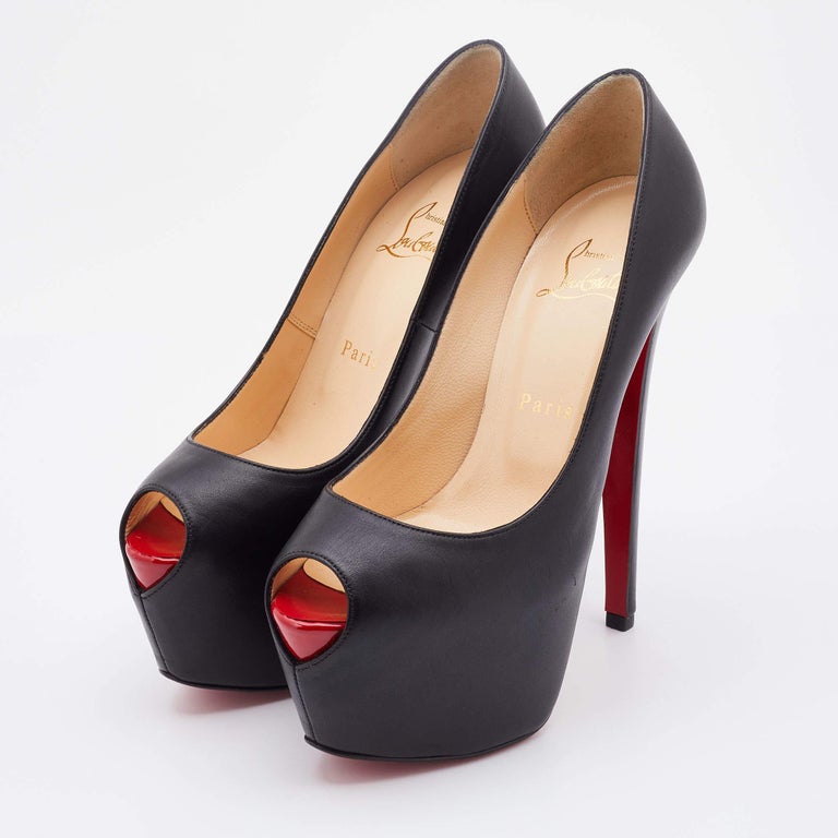 Christian Louboutin Black Leather Highness Peep Toe Platform Pumps Size ...