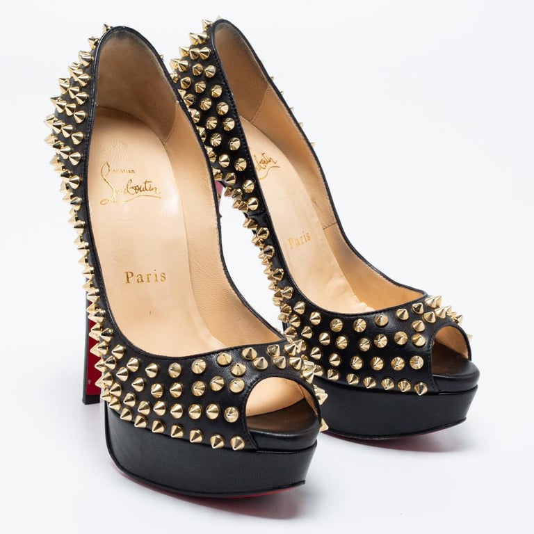 Christian Louboutin Black Leather Lady Peep-Toe Spikes Platform Pumps ...