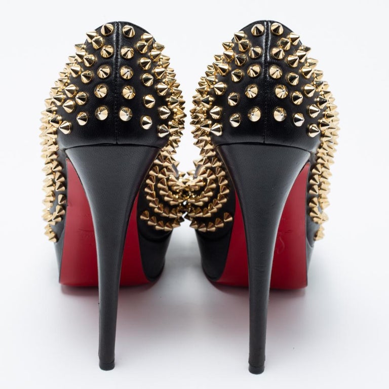 Christian Louboutin Black Leather Lady Peep-Toe Spikes Platform Pumps Size 37 For Sale at 1stDibs