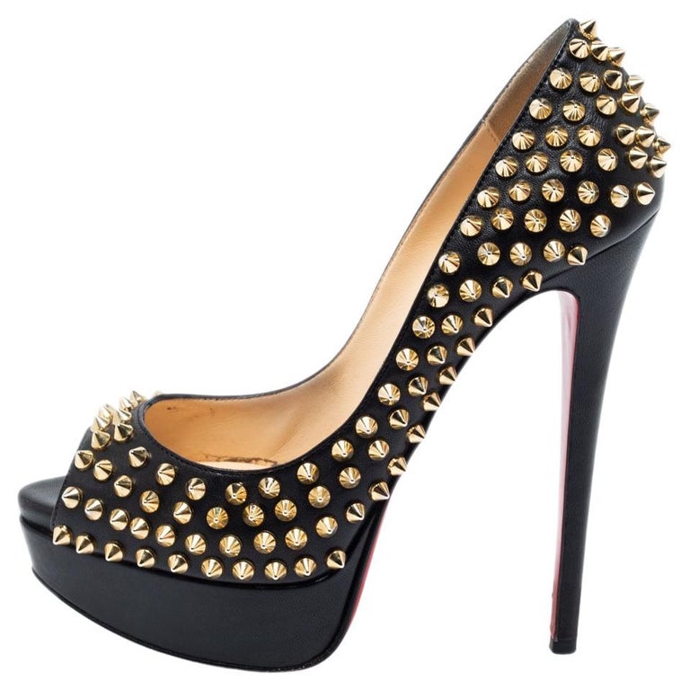 Christian Louboutin Black Leather Lady Peep-Toe Spikes Platform Pumps ...