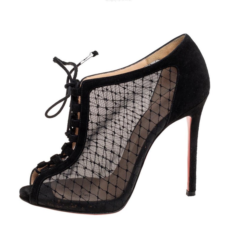 Christian Louboutin Black Mesh and Suede Lace-Up Peep-Toe Booties Size ...