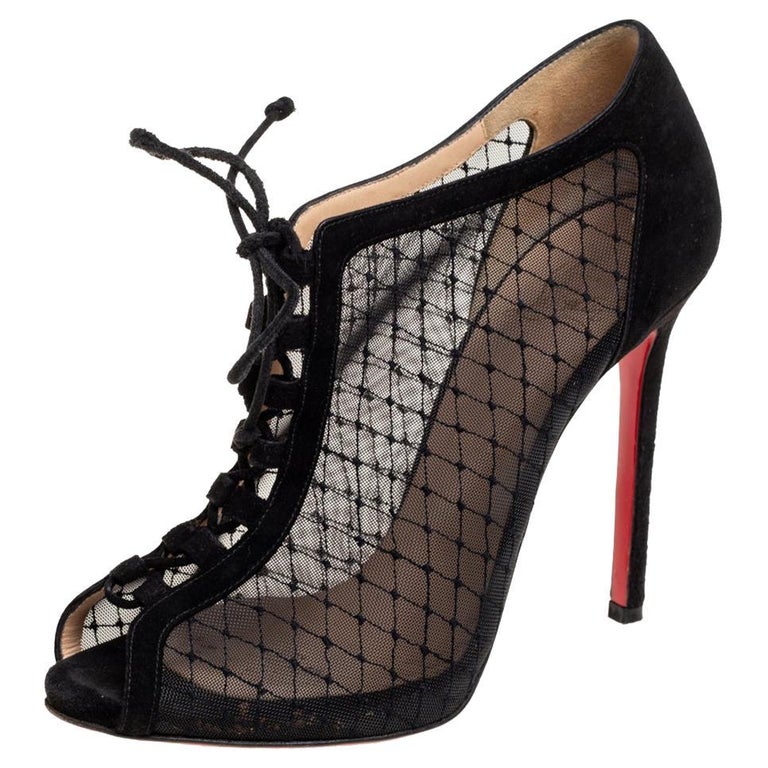 Christian Louboutin Black Mesh and Suede Lace-Up Peep-Toe Booties Size ...