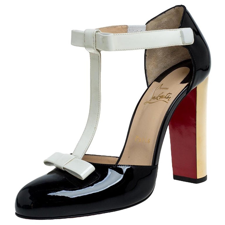 Christian Louboutin Black/Off White Patent Leather T Strap Pumps Size ...