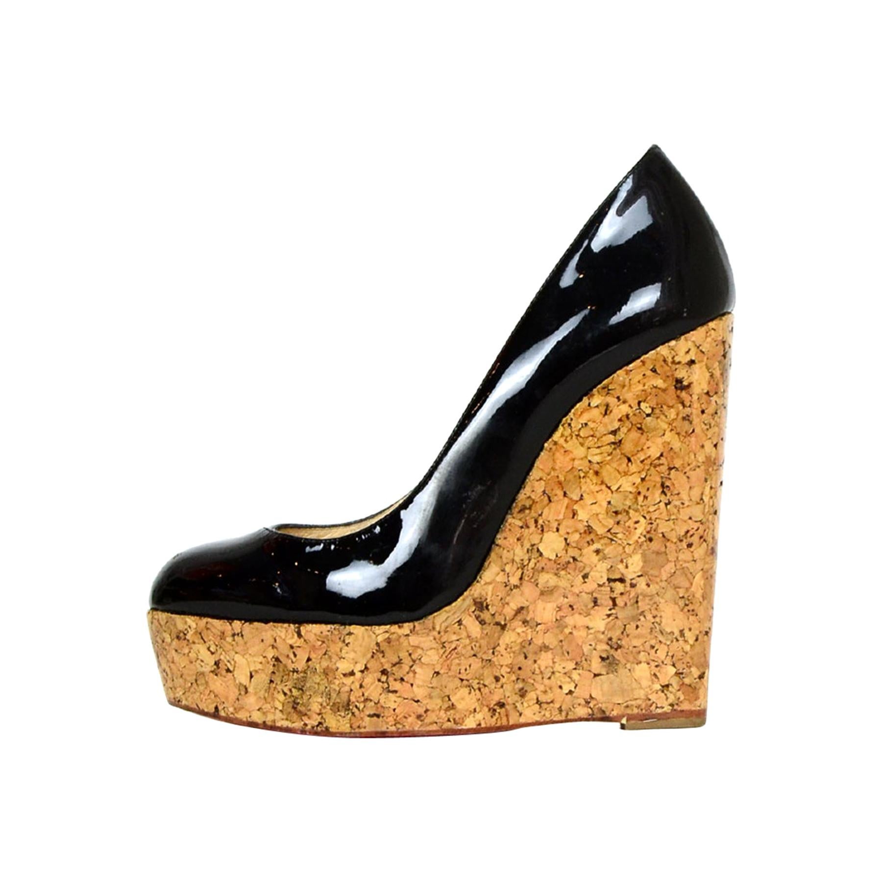 Christian Louboutin Black Patent Cork Platform Wedge For Sale at 1stDibs