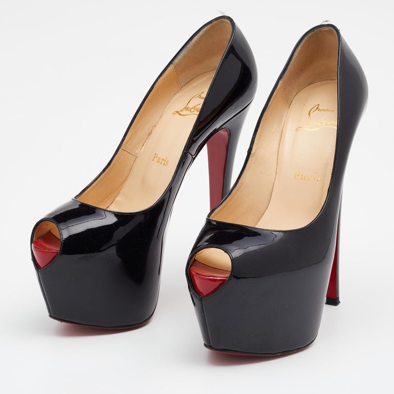 Christian Louboutin Black Patent Highness Peep Toe Platform Pumps Size ...