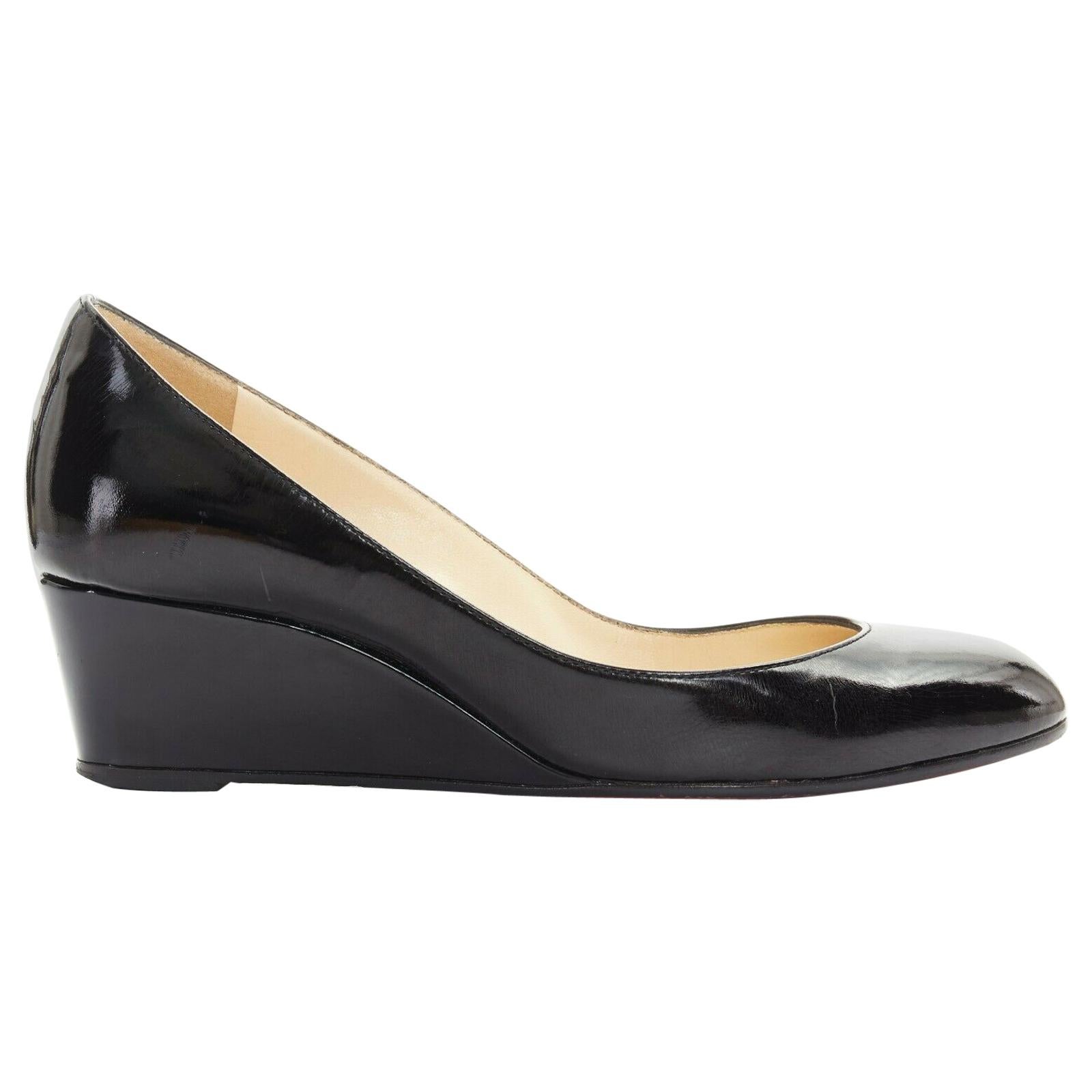 CHRISTIAN LOUBOUTIN black patent leather almond toe kitten wedge heel ...