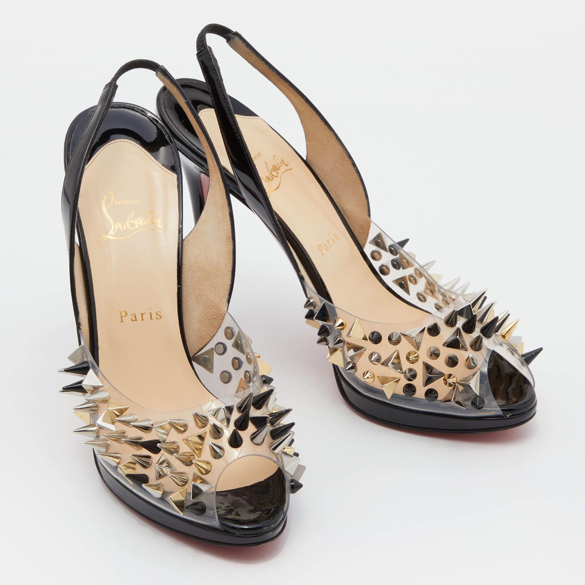 Christian Louboutin Black Patent Leather and PVC Spikes Peep Toe ...